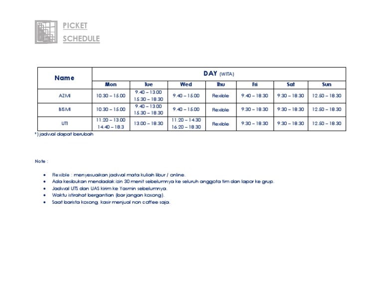 Jadwal Piket Tim Barista WITA | PDF