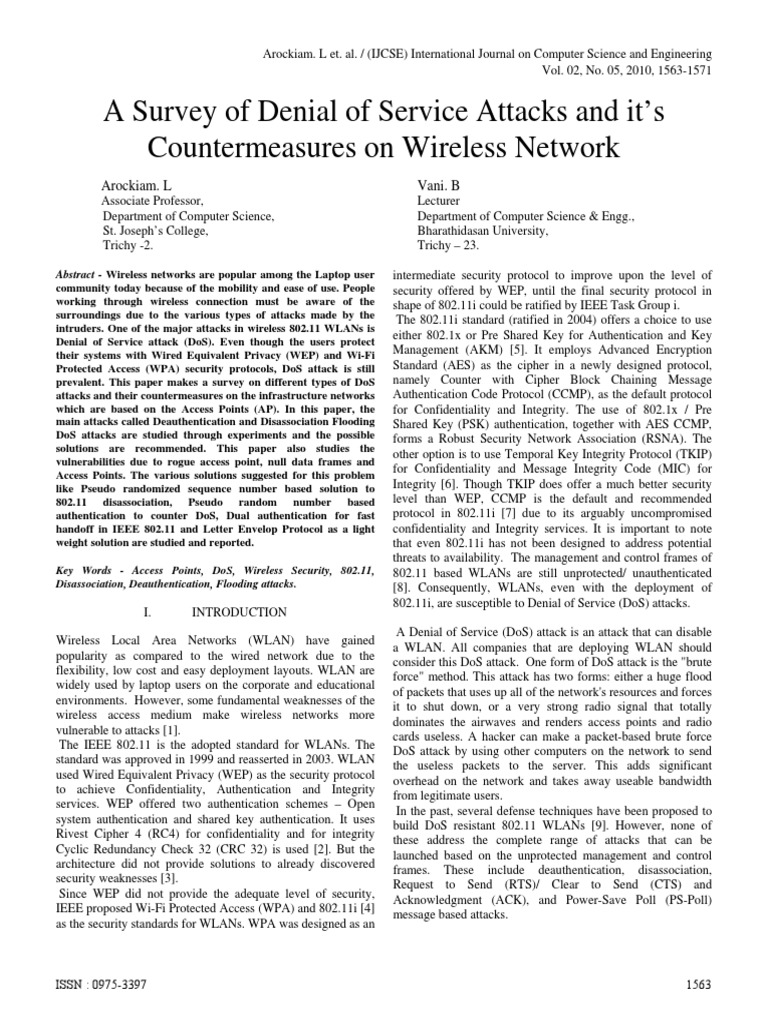 A Survey of Dos Attack and Its Countermeasures | PDF | Ieee 802.11 | Wireless Lan