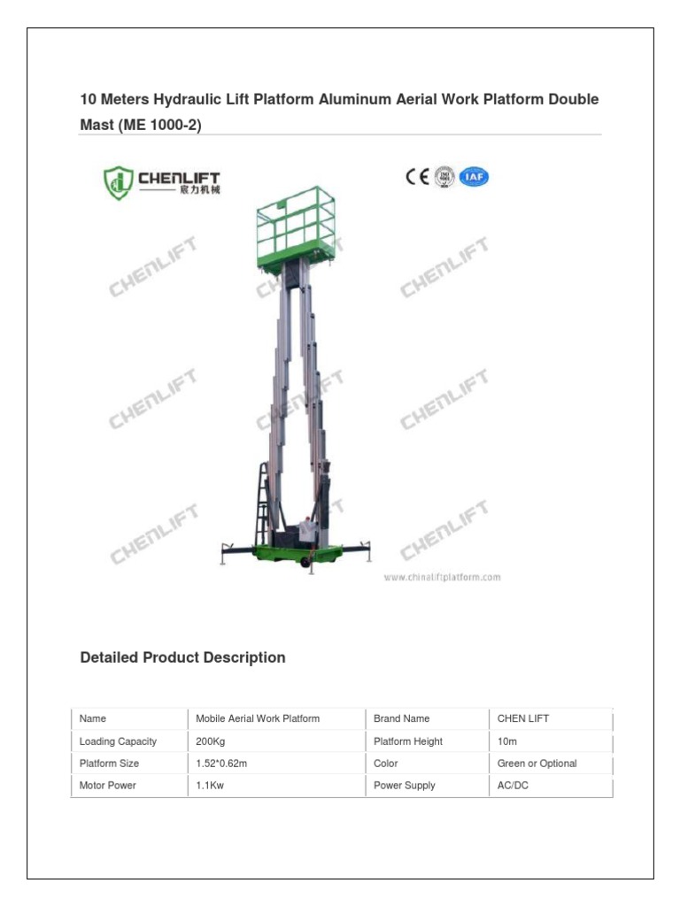 10 Meters Hydraulic Lift Platform Aluminum Aerial Work Platform Double ...