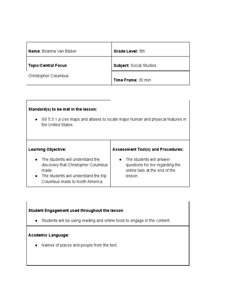 Columbus Discovery Lesson Plan for 5th Grade | PDF | Pedagogy ...