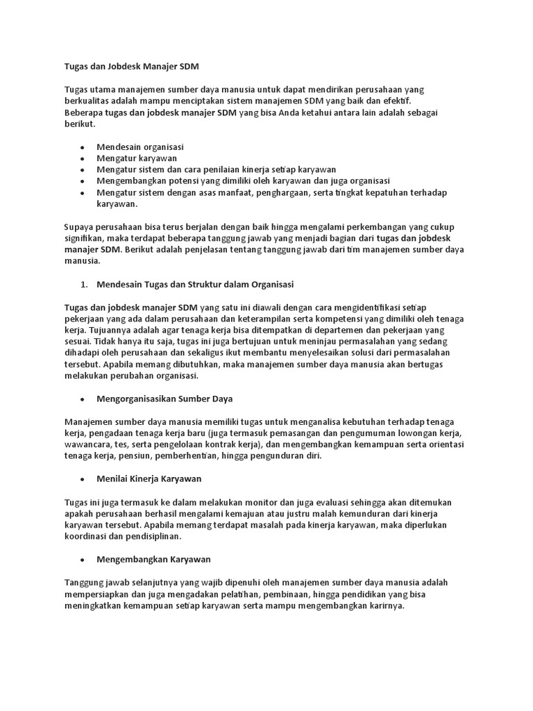 Tugas Dan Jobdesk Manajer SDM | PDF