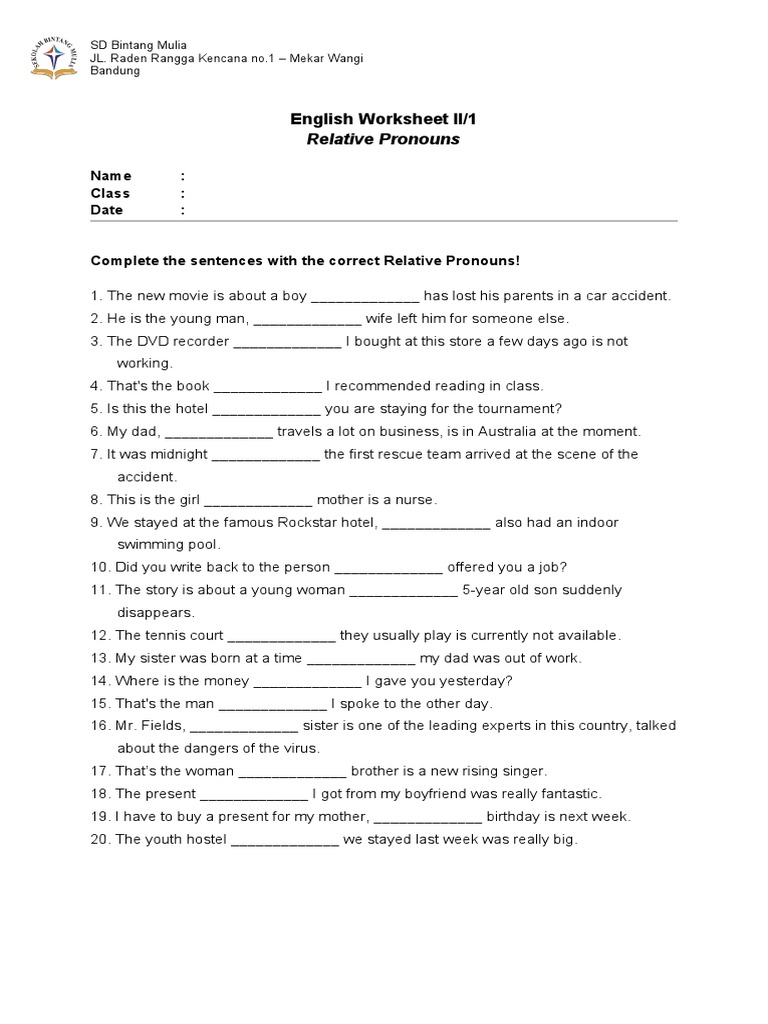 Relative Pronouns Exercise Worksheet | PDF