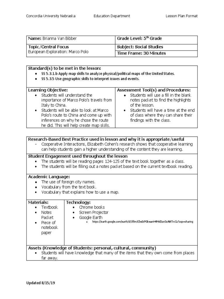 5th Grade Lesson Plan: Marco Polo Exploration | PDF | Lesson Plan ...