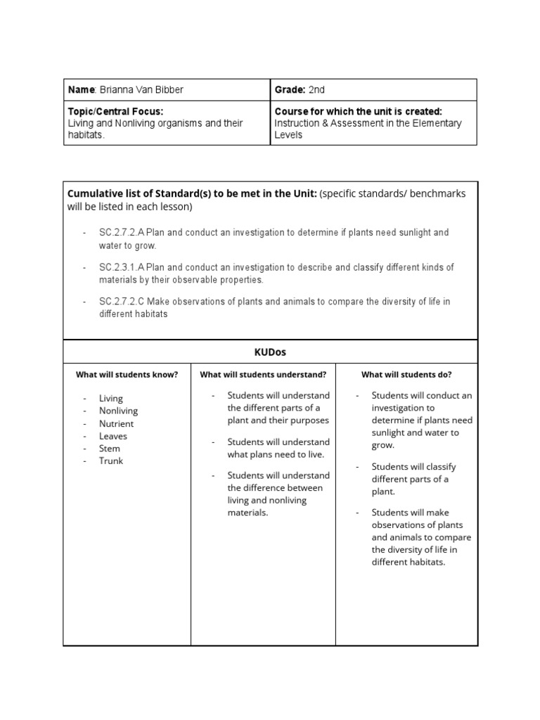 Instruction and Assessment - Unit Plan 2nd Grade Science | PDF ...