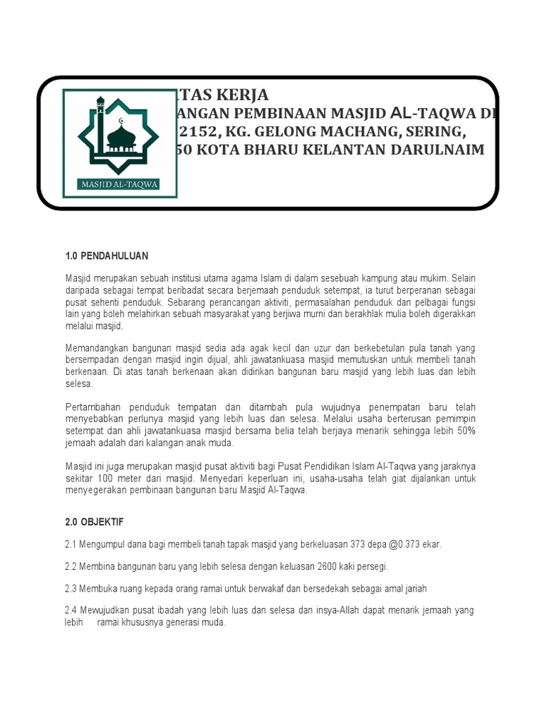 Kertas Kerja Pembinaan Masjid Al Taqwa Baru | PDF
