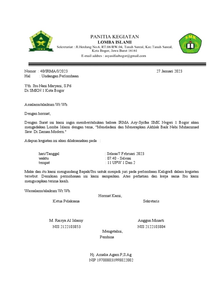 Surat Undangan Juri Lomba Islam - Kaligrafi1 | PDF