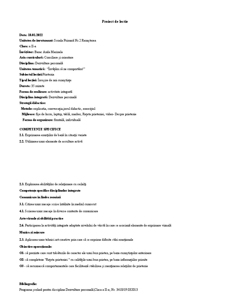 Proiect Didactic Clasa A II-A DP | PDF