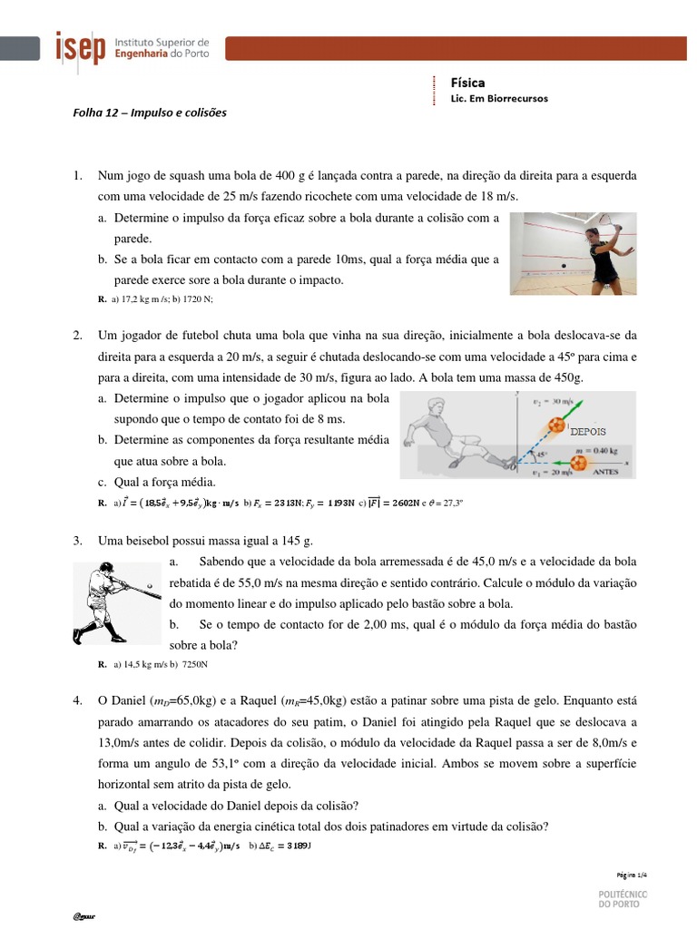 Folha de Exercicio 12 - Impulso e Colisões FISI (2021-2022) | PDF | Colisão | Iniciativa/Conjuntura