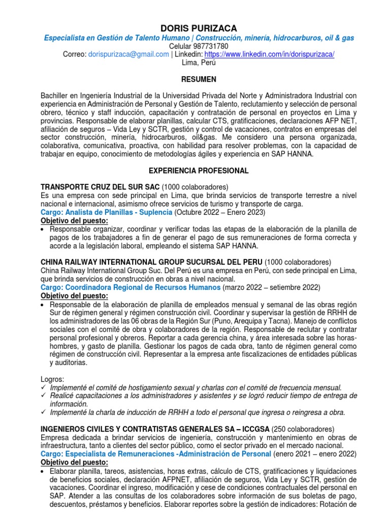 CV Doris Purizaca Documentado 2023 | PDF | Gestión de recursos humanos ...