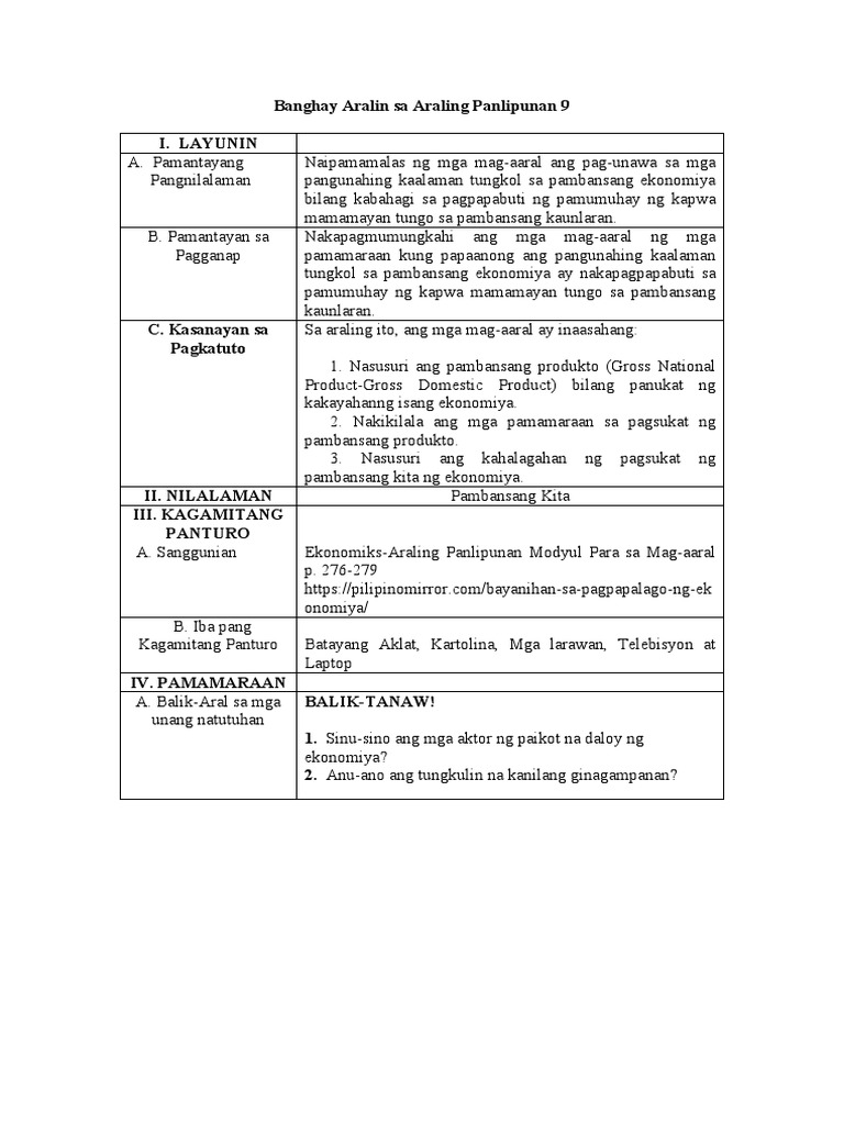 Banghay Aralin Sa Araling Panlipunan 9 Pambansang Kita | PDF