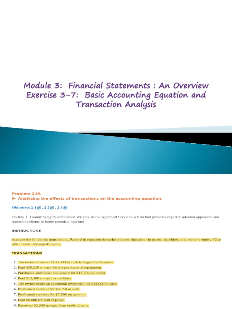 Exercise 3-7 - Basic Accounting Equation and Transaction Analysis ...