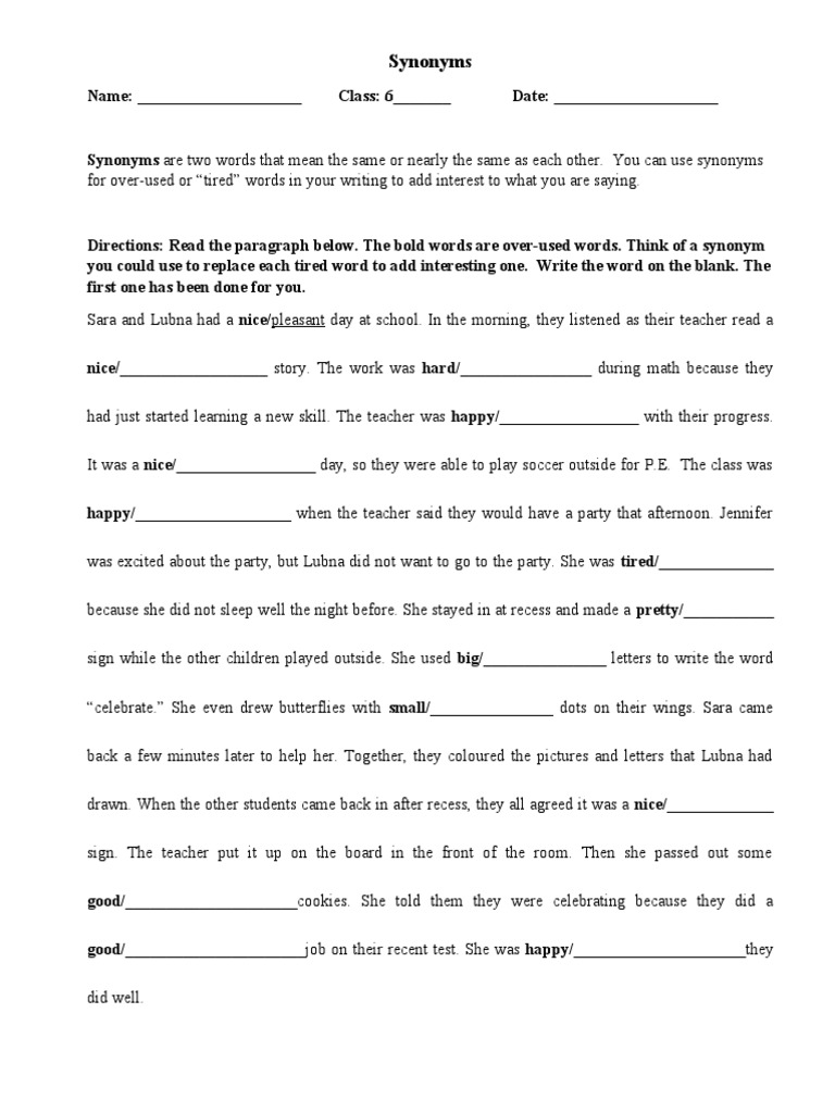 Synonyms Worksheet for Class 6 | PDF | Language Arts & Discipline