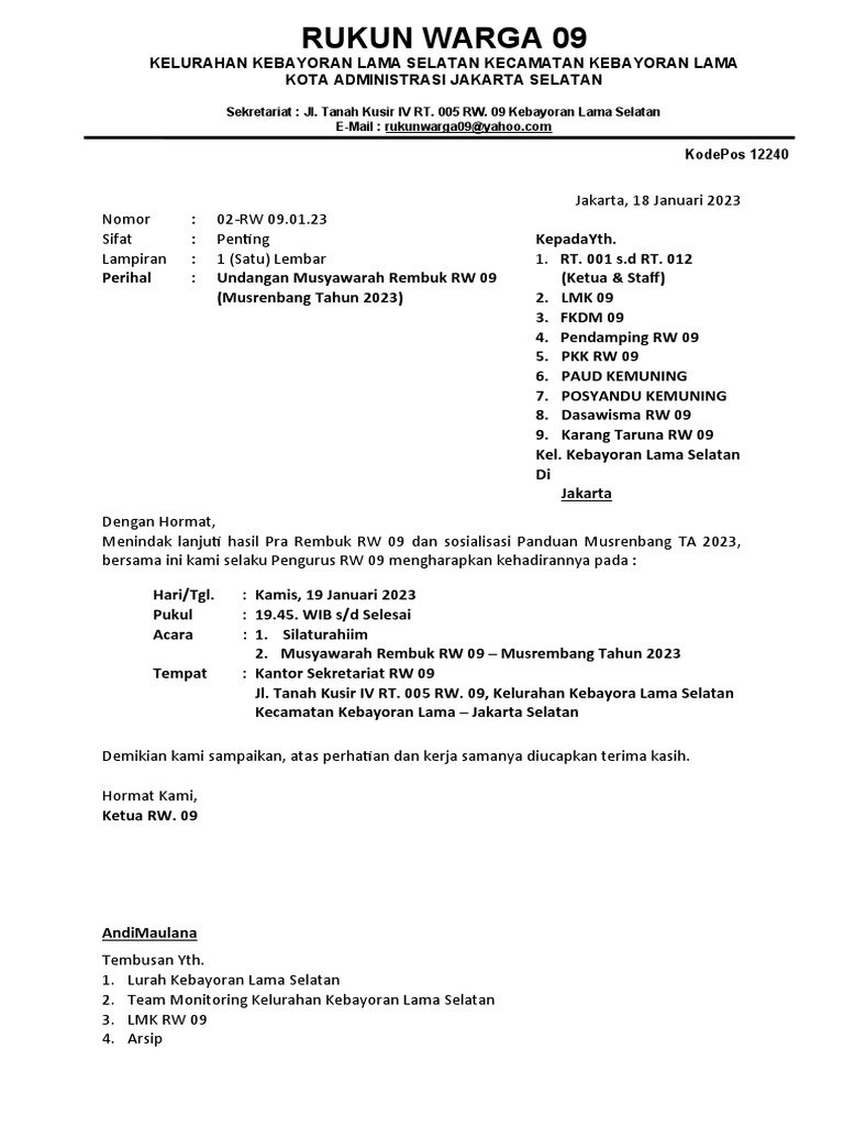 Surat Undangan Rembuk RW 09 | PDF