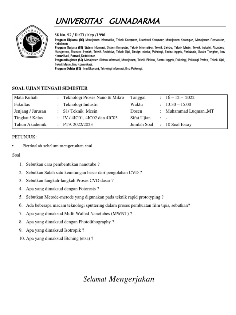 Soal UTS Teknologi Proses Nano Dan Mikro | PDF