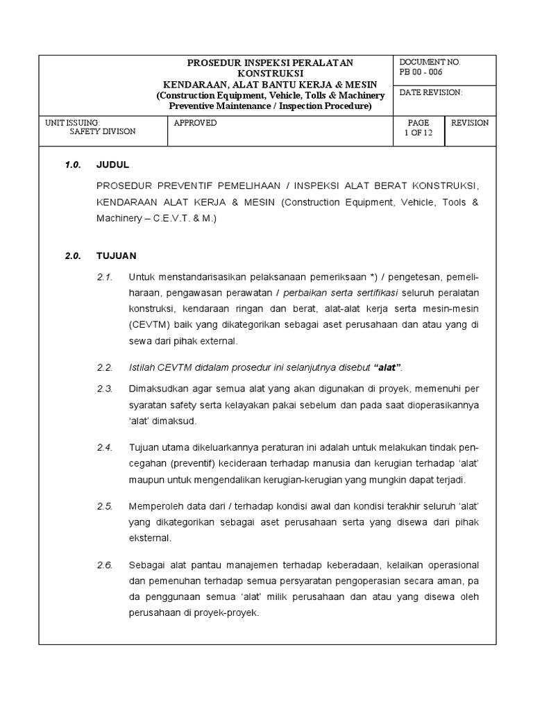 Prosedur Inspeksi Peralatan Kontruksi | PDF