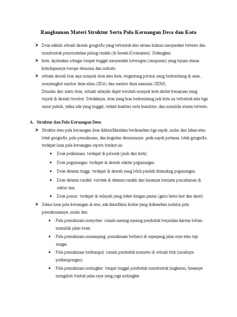 Rangkuman Materi Struktur Serta Pola Keruangan Desa Dan Kota | PDF