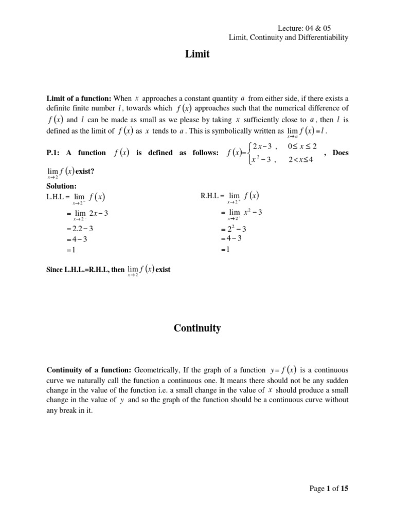 Limit, Continuity and Differentiability of A Function at A Point | PDF | Continuous Function ...