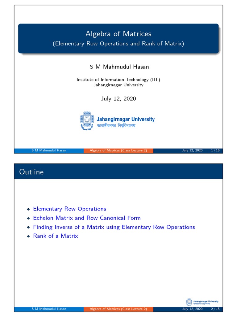 Elementary Row Operations and Rank of Matrix (Handout) | PDF | Matrix ...