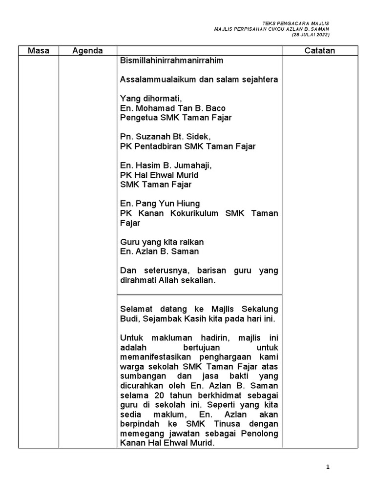 Teks MC Majlis Perpisahan CG Azlan | PDF