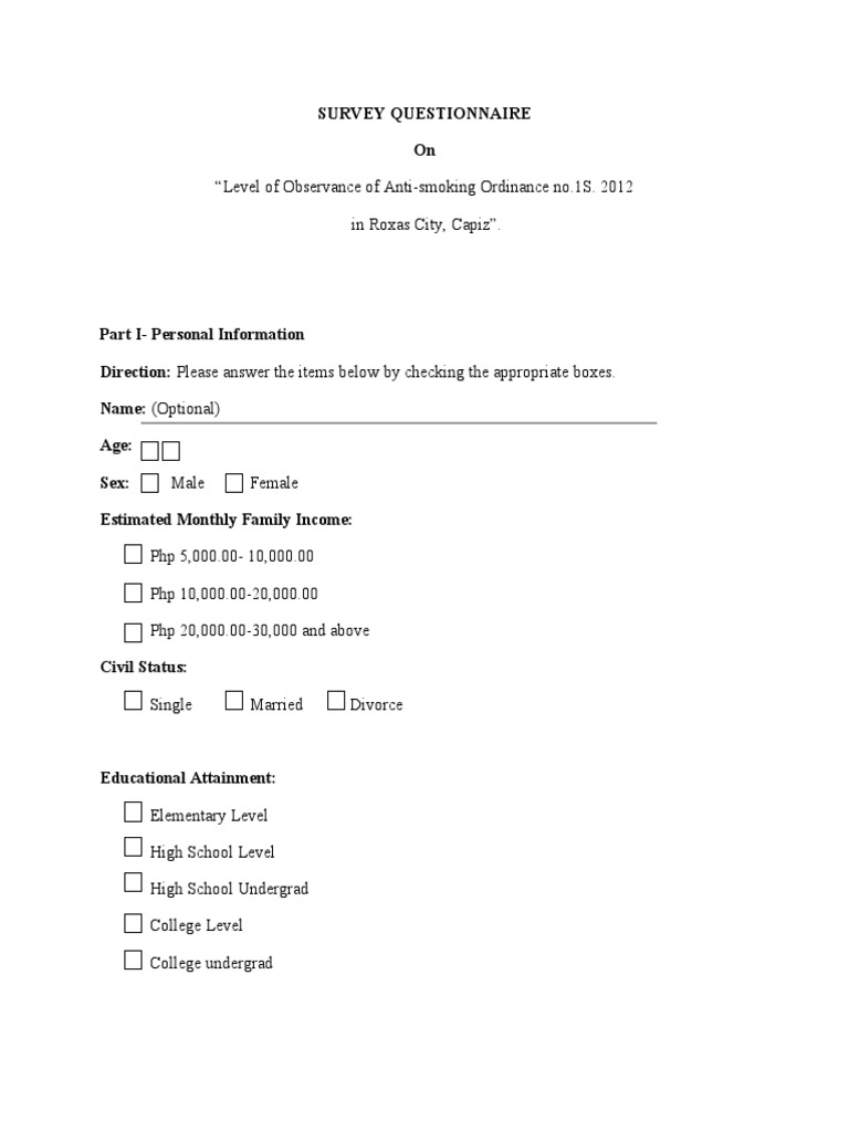 Survey Questionnaire | PDF | Smoking | Tobacco Smoking