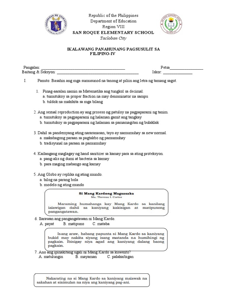 2nd QUARTER PERIODICAL TEST in FILIPINO 4 S.Y 2022-2023 | PDF