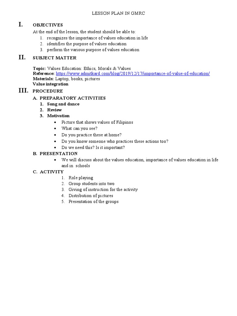 Lesson Plan in GMRC | PDF | Lesson Plan | Psychological Concepts