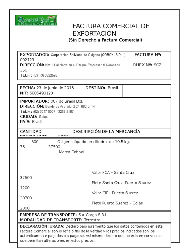Factura Comercial de Exportacion | PDF