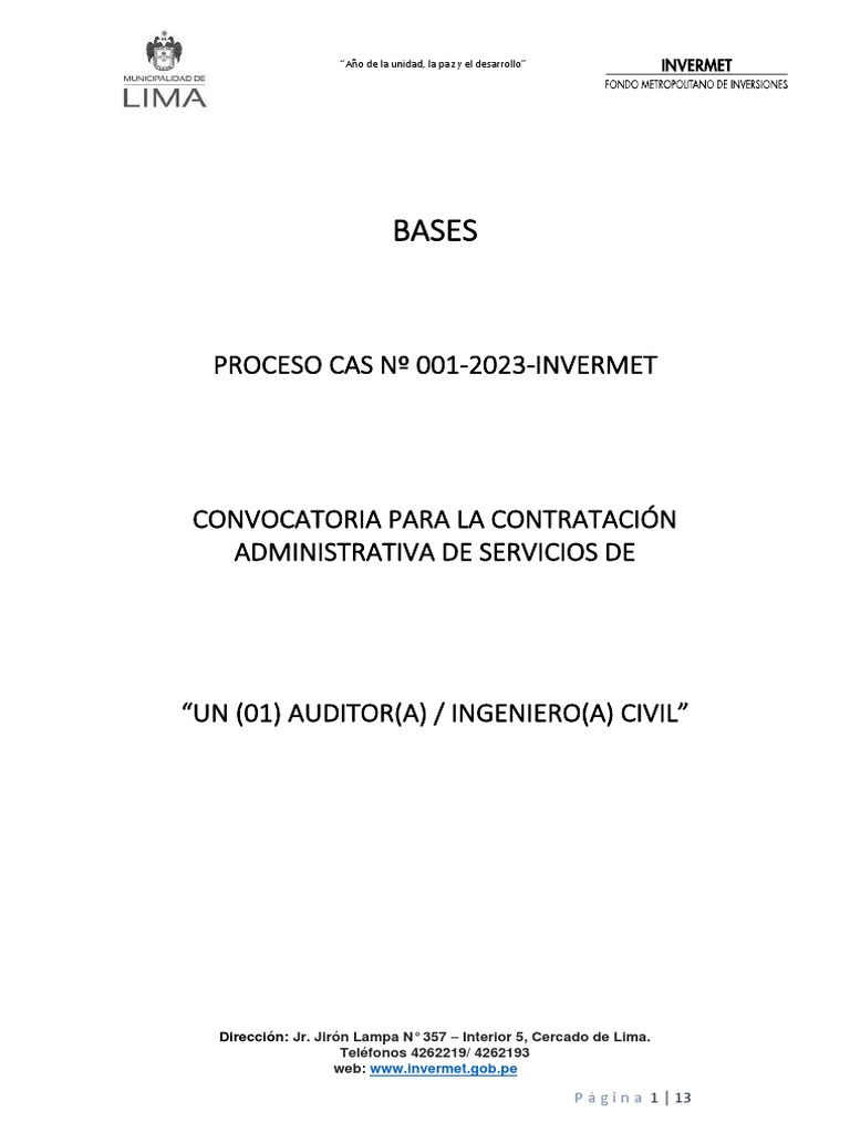 Bases Proceso Cas #001-2023 | PDF | Administración Pública | Ingeniero ... Bases Proceso Cas #001-2023 | PDF | Administración Pública | Ingeniero ...