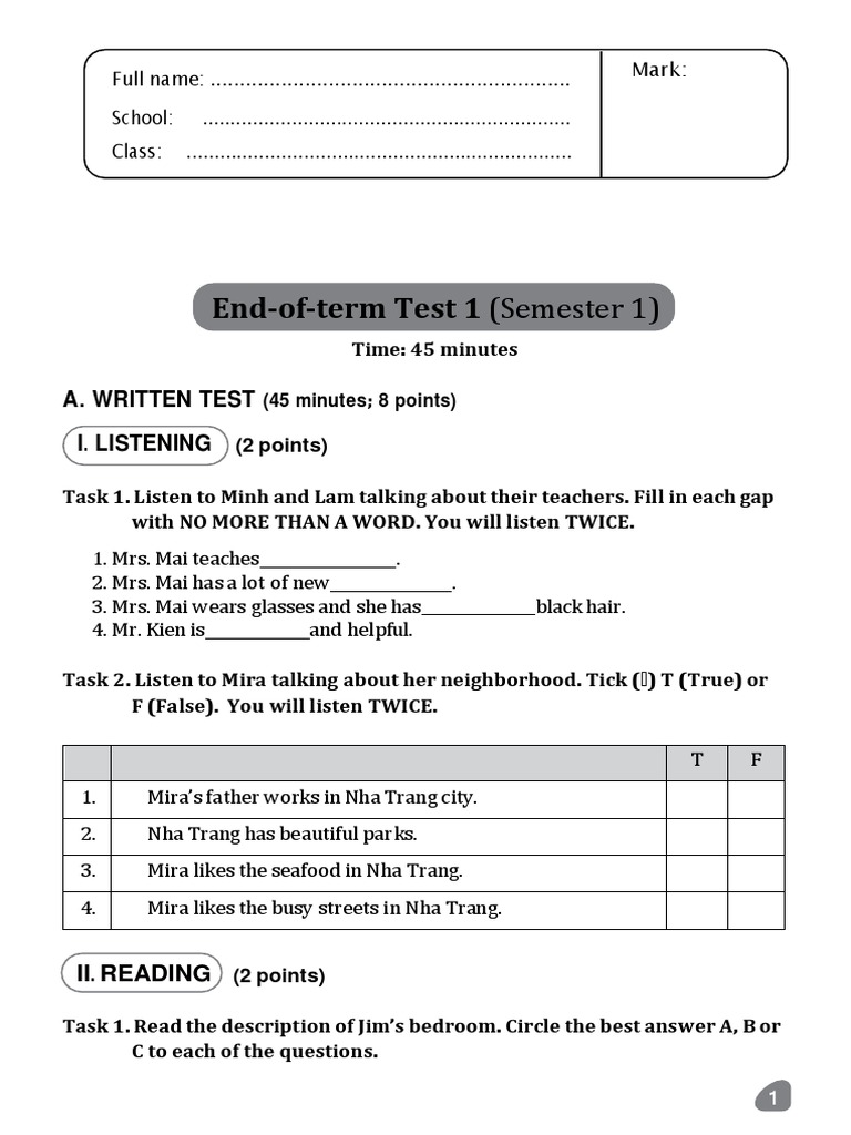 Semester 1 End-of-Term Test Guide | PDF | Language Arts & Discipline