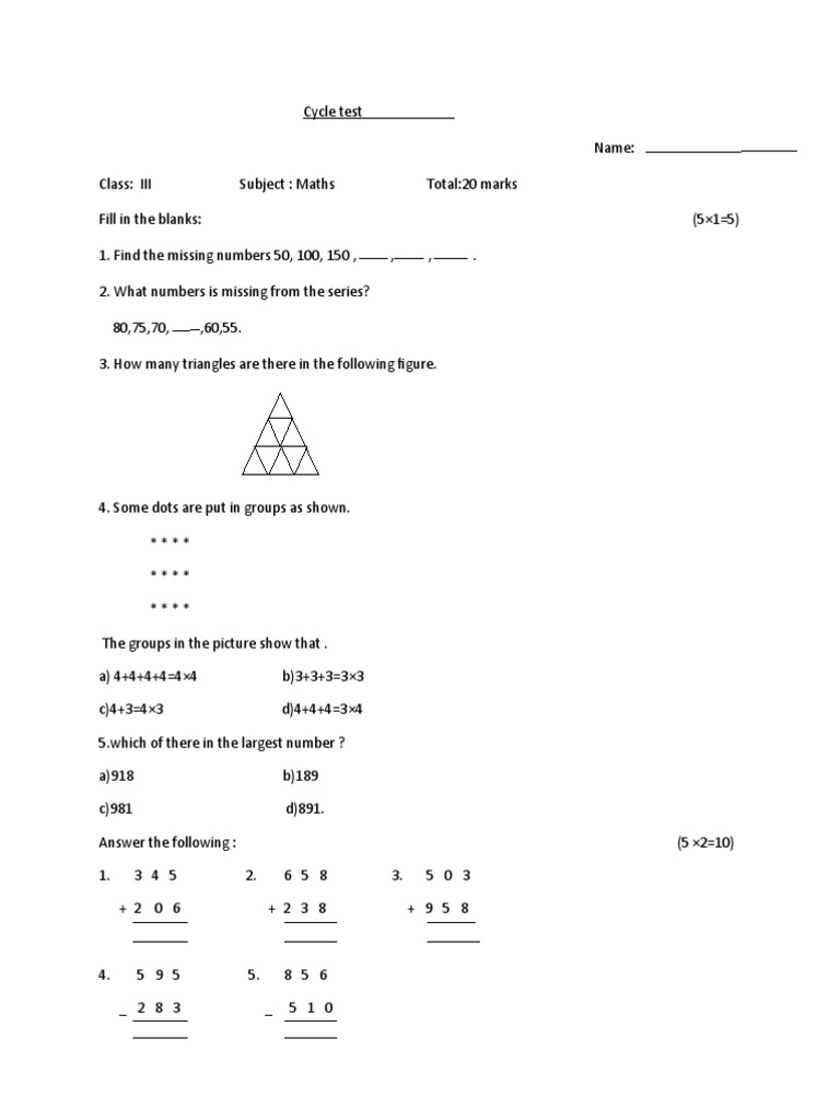 Class 3 Maths Cycle Test Worksheet | PDF