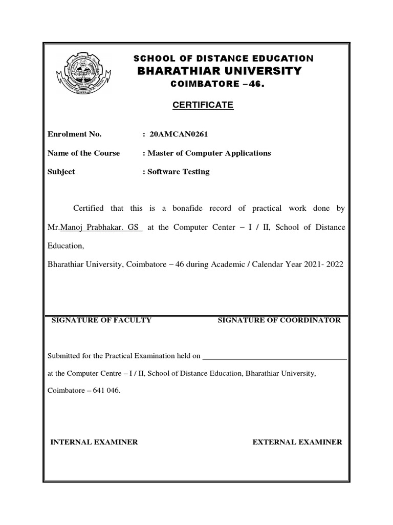 Master of Computer Applications Practical Work Certificate for Software ...