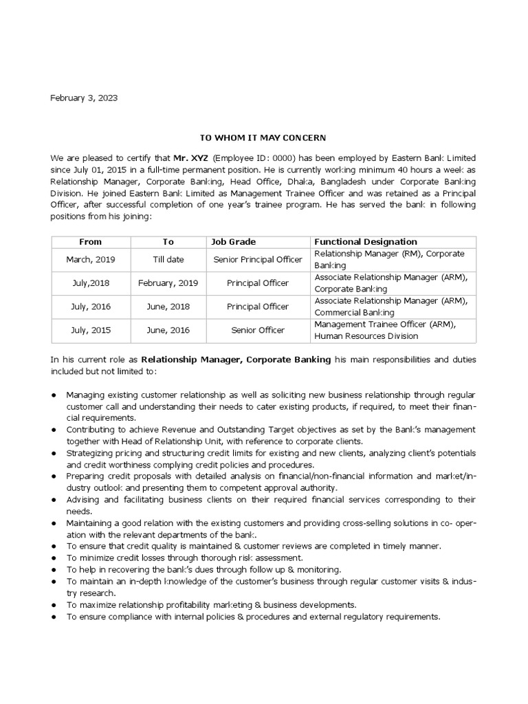 An Employment Verification Letter for Mr. XYZ Detailing His Roles and ...