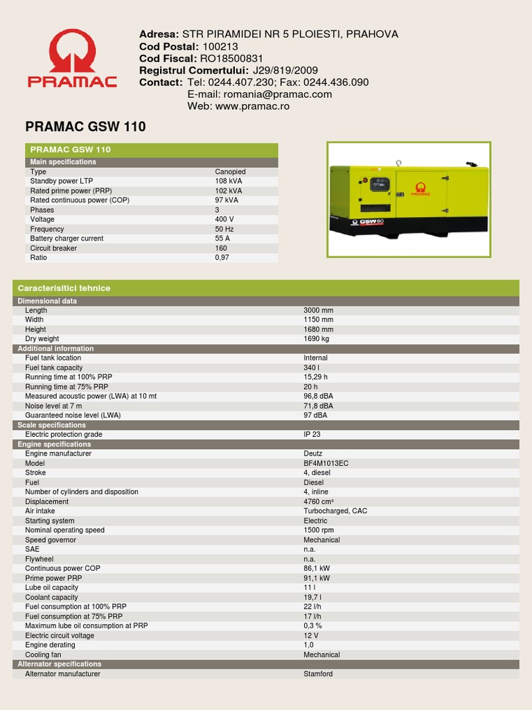 Specification Sheet for the PRAMAC GSW 110 Generator Set | PDF | Switch | Engines
