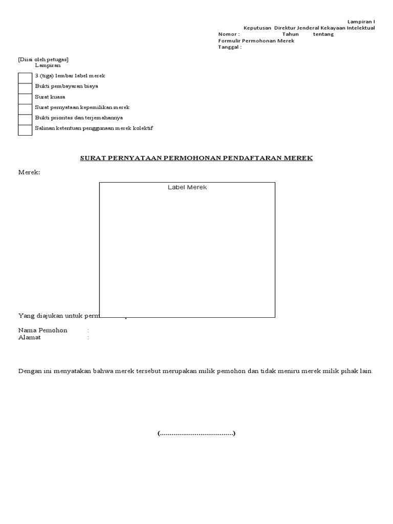 Surat Pernyataan Permohonan Pendaftaran Merek | PDF Surat Pernyataan Permohonan Pendaftaran Merek | PDF