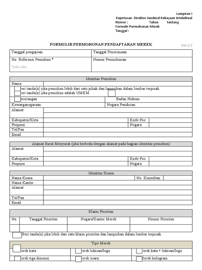 Formulir Permohonan Pendaftaran Merek | PDF