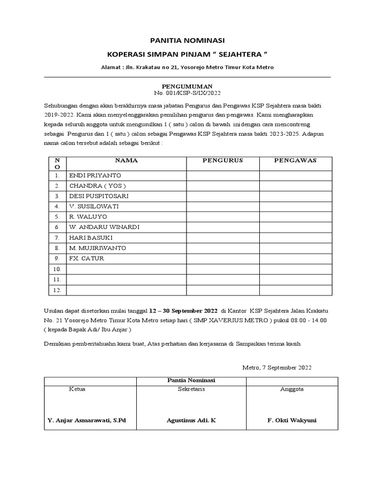 Pemilihan Pengurus KSP Sejahtera 2023-2025 | PDF | Ilmu Sosial