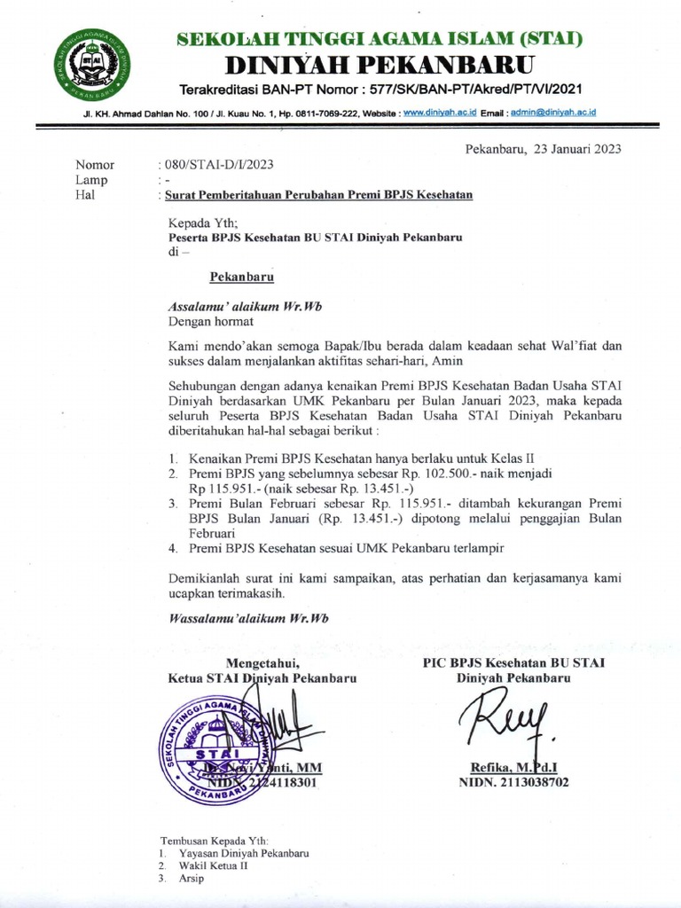 Surat Pemberitahuan Perubahan Iuran Bpjs Kesehatan | PDF