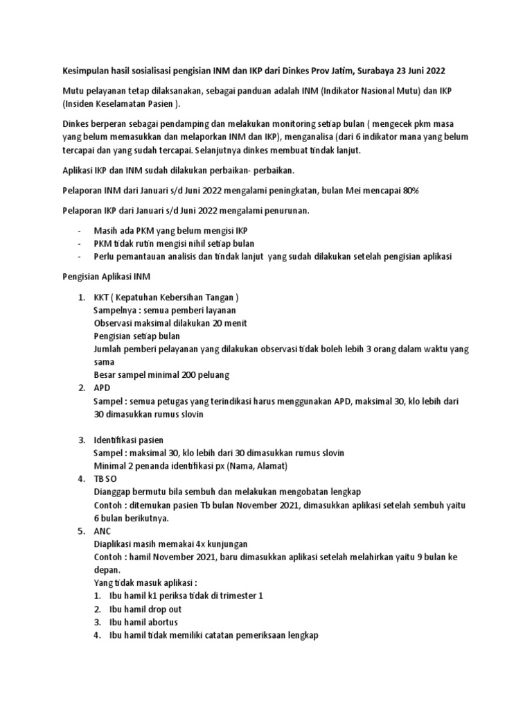 Kesimpulan Hasil Sosialisasi Pengisian INM Dan IKP | PDF