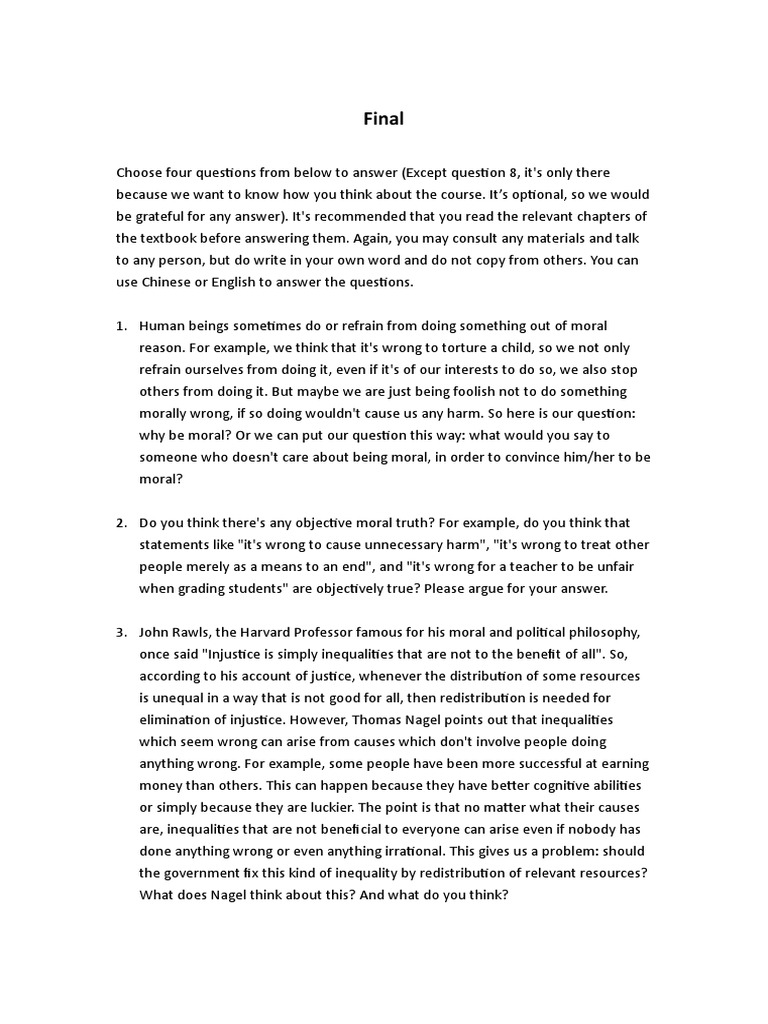 Final Exam Questions on Morality and Justice | PDF | Question | Social ...
