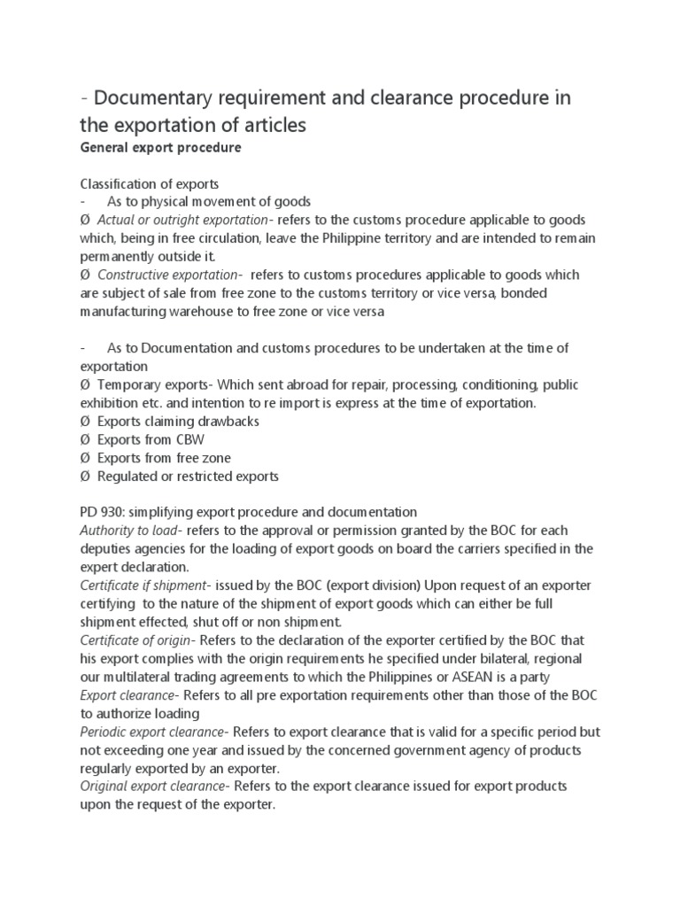 Documentary Requirement and Clearance Procedure in The Exportation of ...