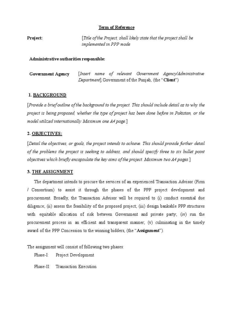 TOR For PPP Mode Project | PDF | Feasibility Study | Public–Private Partnership