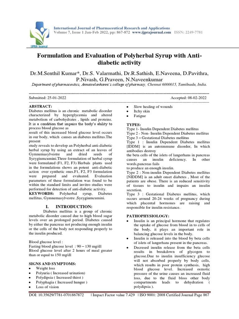 Polyherbal Anti-Diabetic Syrup Formulation | PDF | Insulin | Diabetes