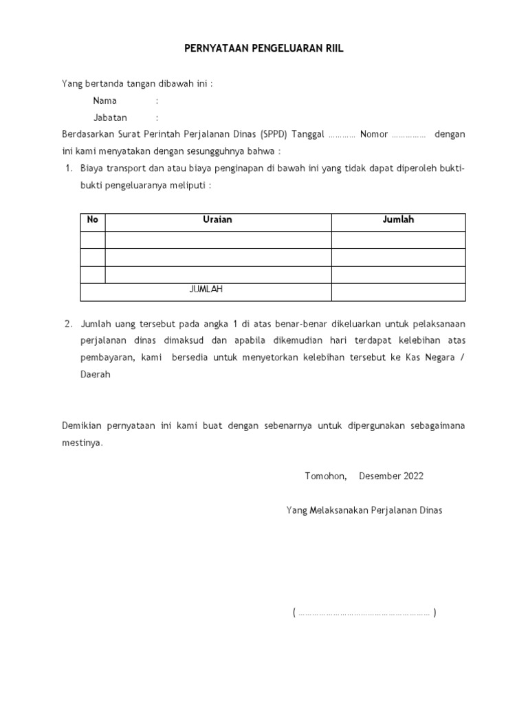 Surat Pernyataan Keterangan Pengeluaran | PDF