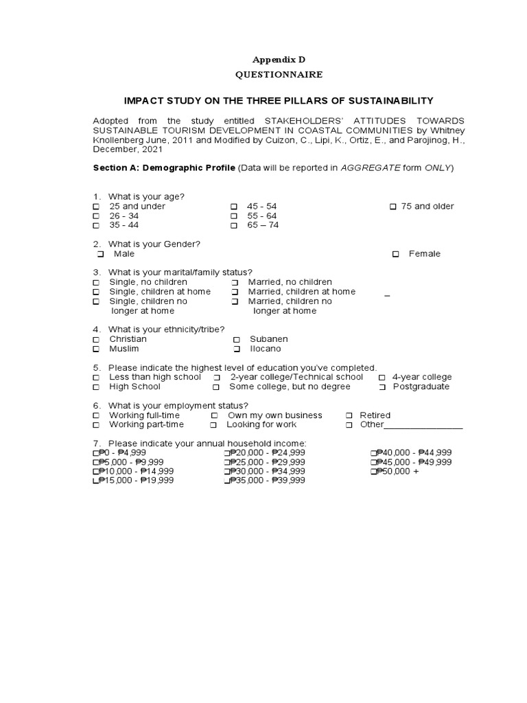 Appendix D. Questionnaire | PDF | Cost Of Living | Tourism