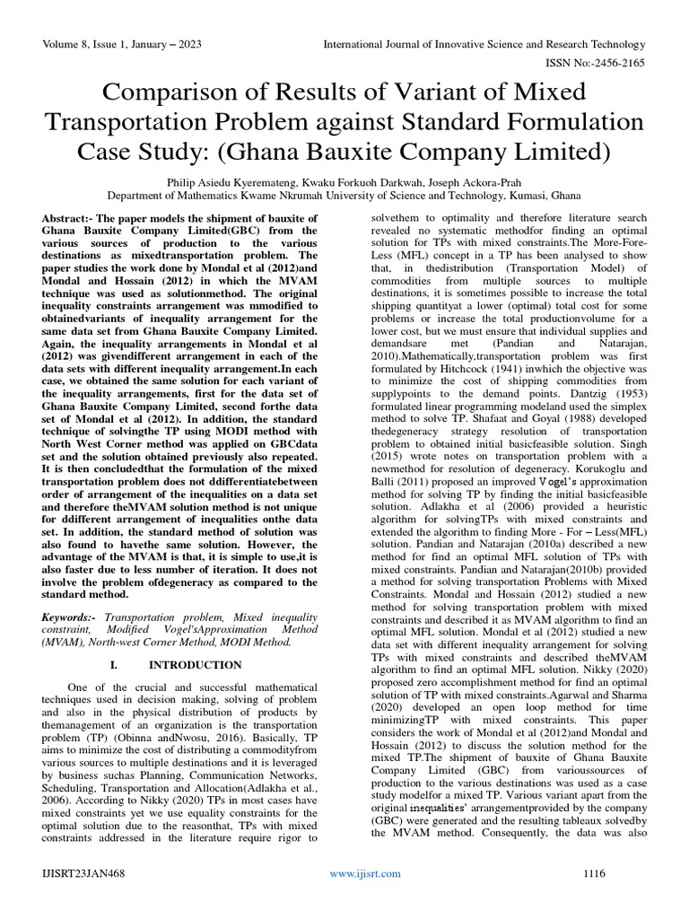 Comparison Of Results Of Variant Of Mixed Transportation Problem Against Standard Formulation