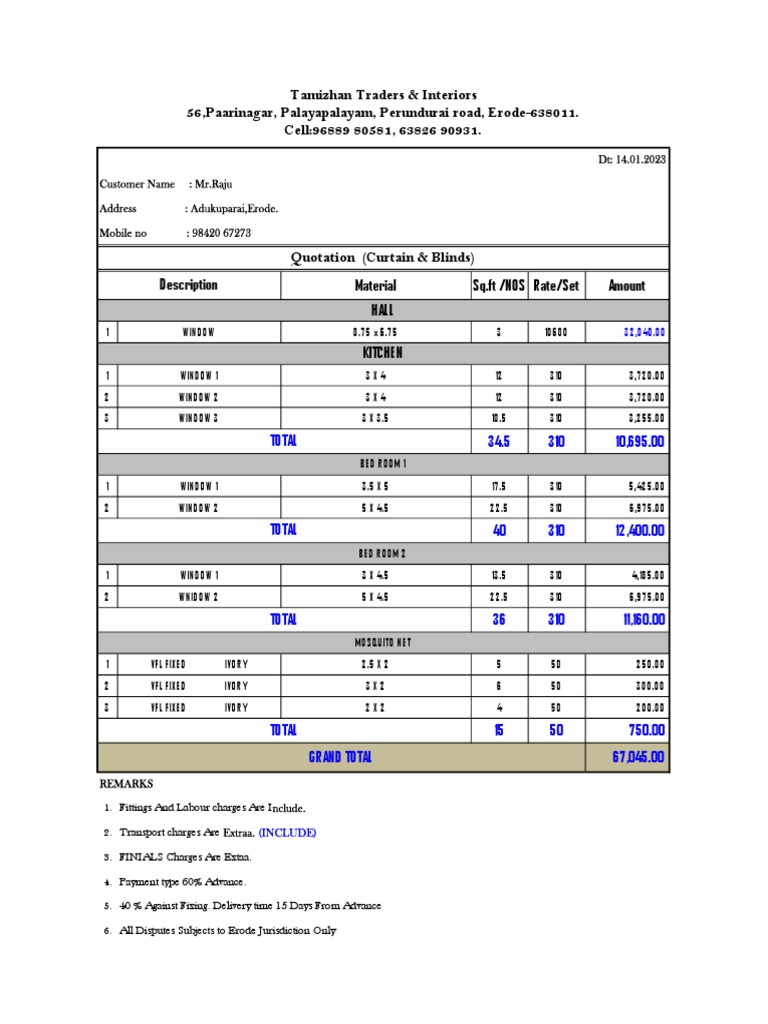 Tamizhan Traders & Interiors Quotation for Curtains and Blinds | PDF ...