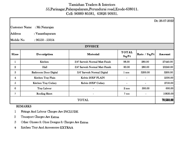 Invoice for Kitchen and Interior Materials | PDF