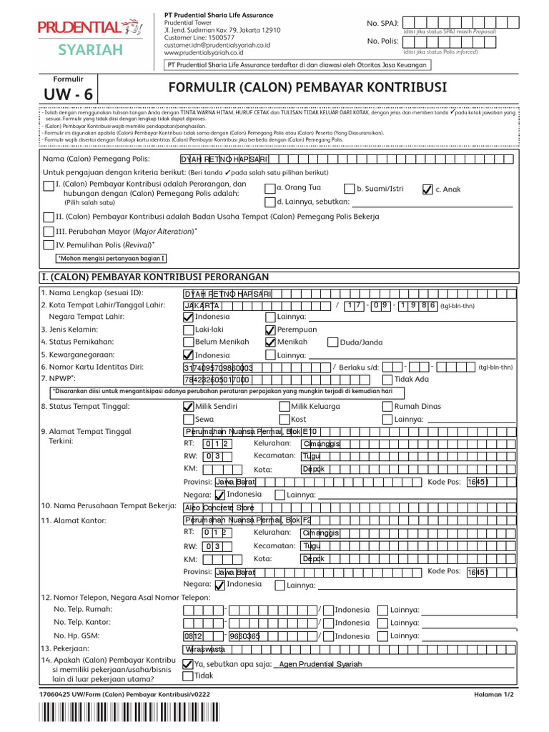 UW6 - Form Calon Pembayar Kontribusi - V0222 - Syariah Atreo | PDF