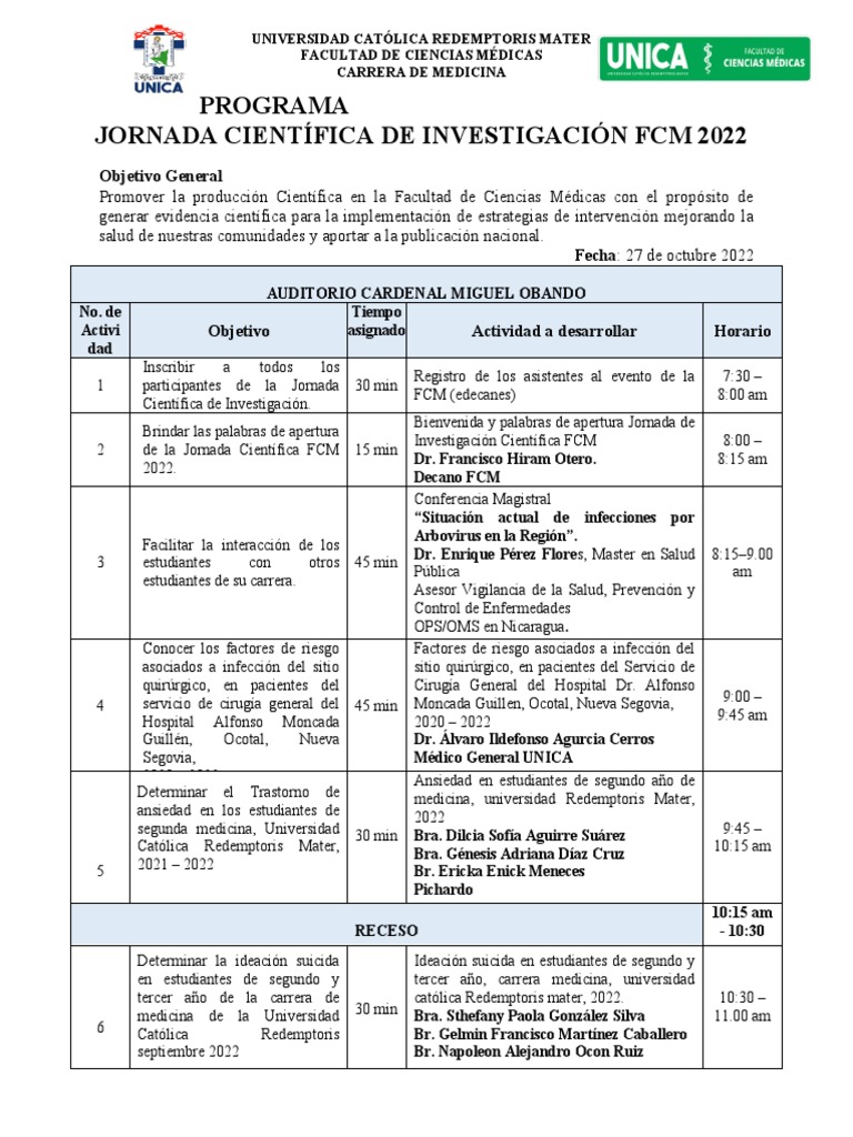Programa Jornada CientÃ - Fica FCM 2022 ACTUALIZADO | PDF | Medicina CLINICA | Cuidado de la salud