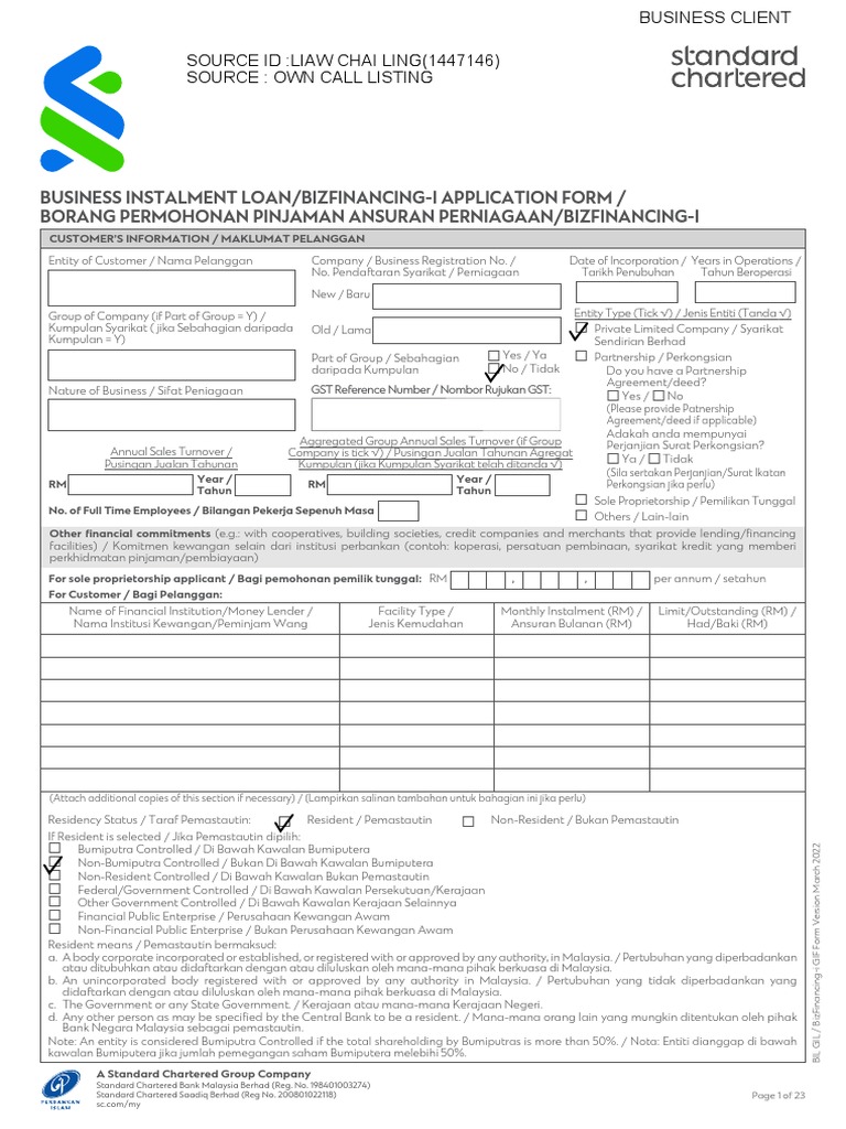 SCB 13854 Business Instalment Loan-BizFinancing-i Application Form V10 | PDF